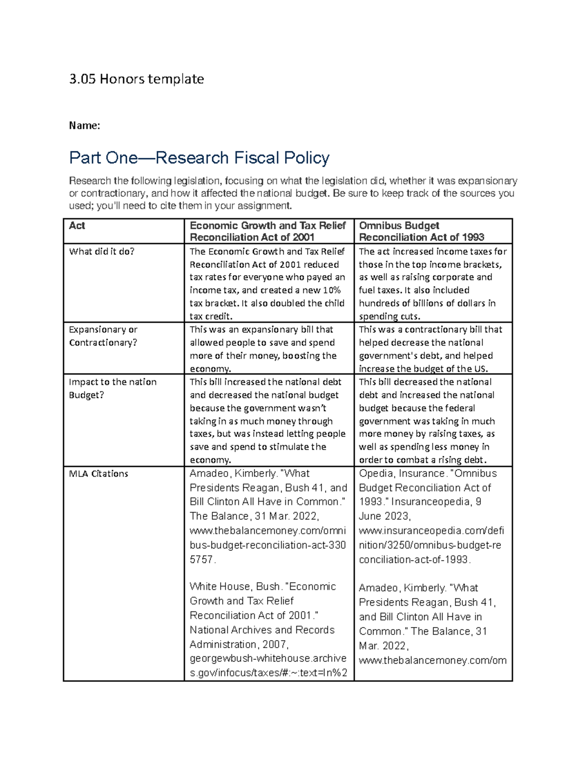 3.05 honors template - Assignment - 3 Honors template Name: Part One ...