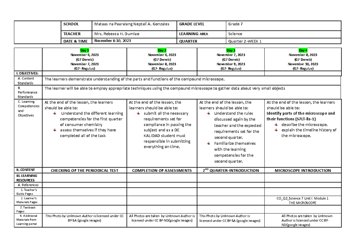 Science 7-WK 1-2023 2nd Q DLP - SCHOOL Mataas na Paaralang Neptali A ...