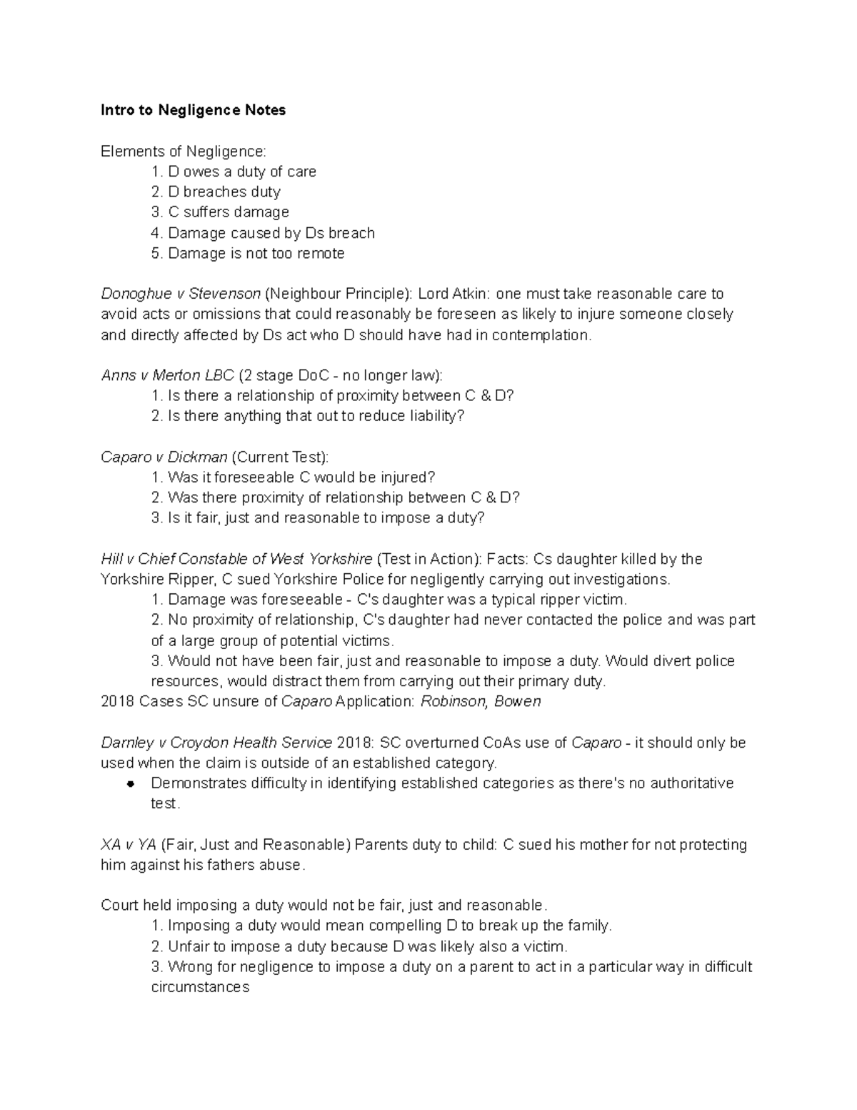 Intro to Negligence Notes - Intro to Negligence Notes Elements of ...
