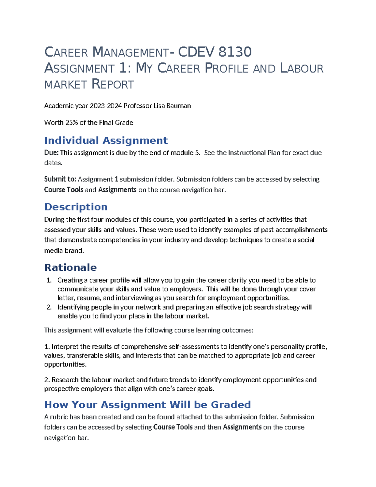 CDEV8130 Career Management Assignment 1 Career Profile & Labour Market ...