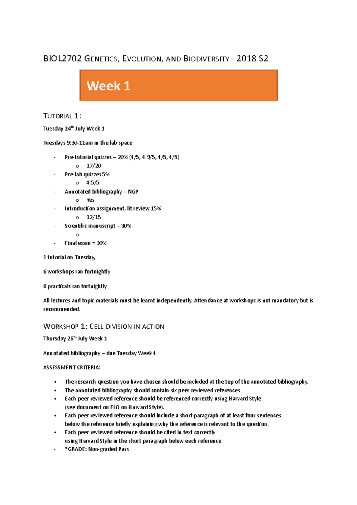 BIOL2702 lecture notes - BIOL2702 GENETICS, EVOLUTION, AND BIODIVERSITY ...