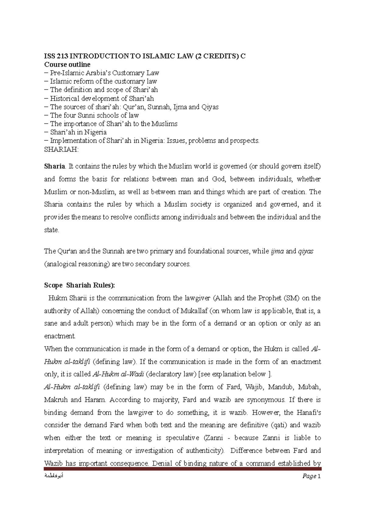 Introduction to Islamic law - ISS 213 INTRODUCTION TO ISLAMIC LAW (2 ...