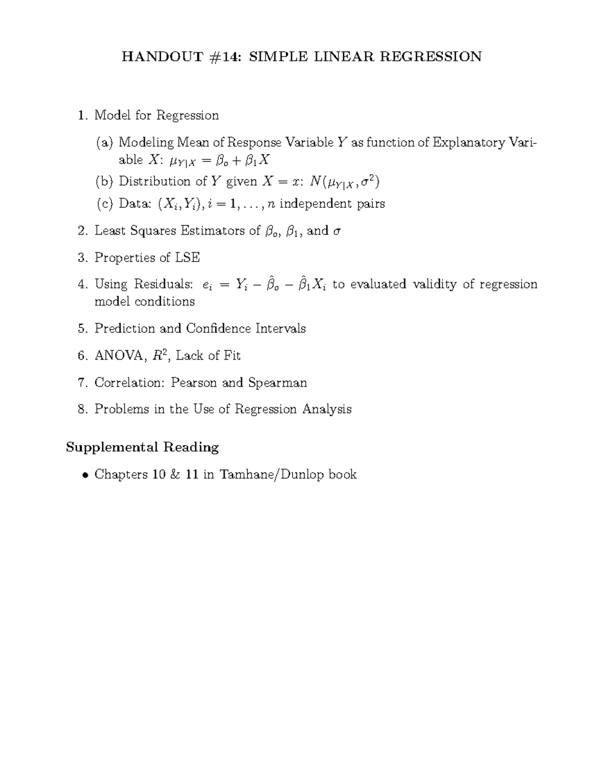 Handout 14 - The Methods of Statistics I - HANDOUT #14: SIMPLE LINEAR REGRESSION 1. Model for ...