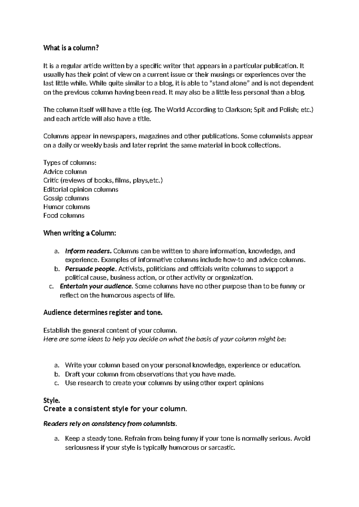 What is a column Guidelines for writing one - What is a column? It is a ...