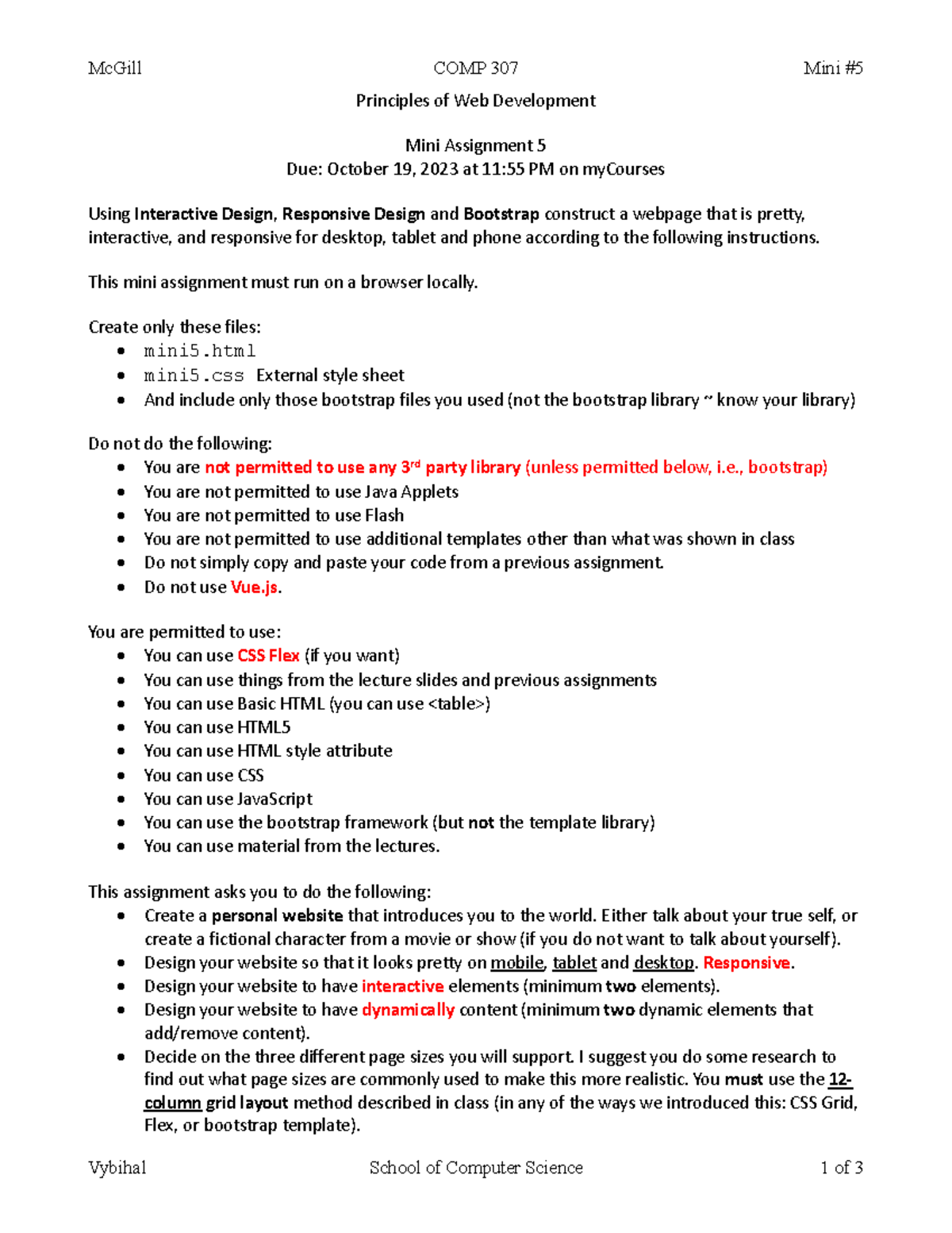 Mini 5 - Responsive SOCS Page Generator - McGill COMP 307 Mini # 5 Vybihal School of Computer ...