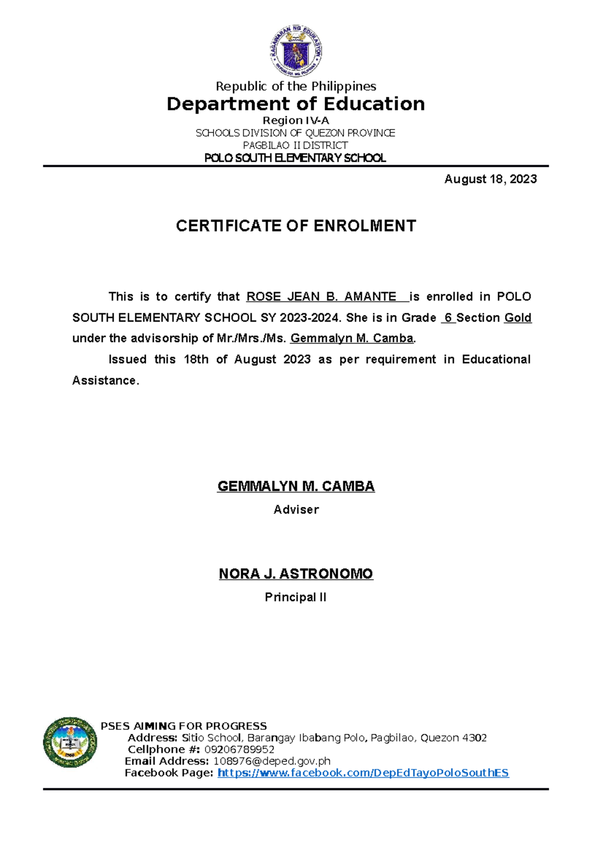 Certi-of-Enrolment - LECTURE - Republic of the Philippines Department of Education Region IV-A ...