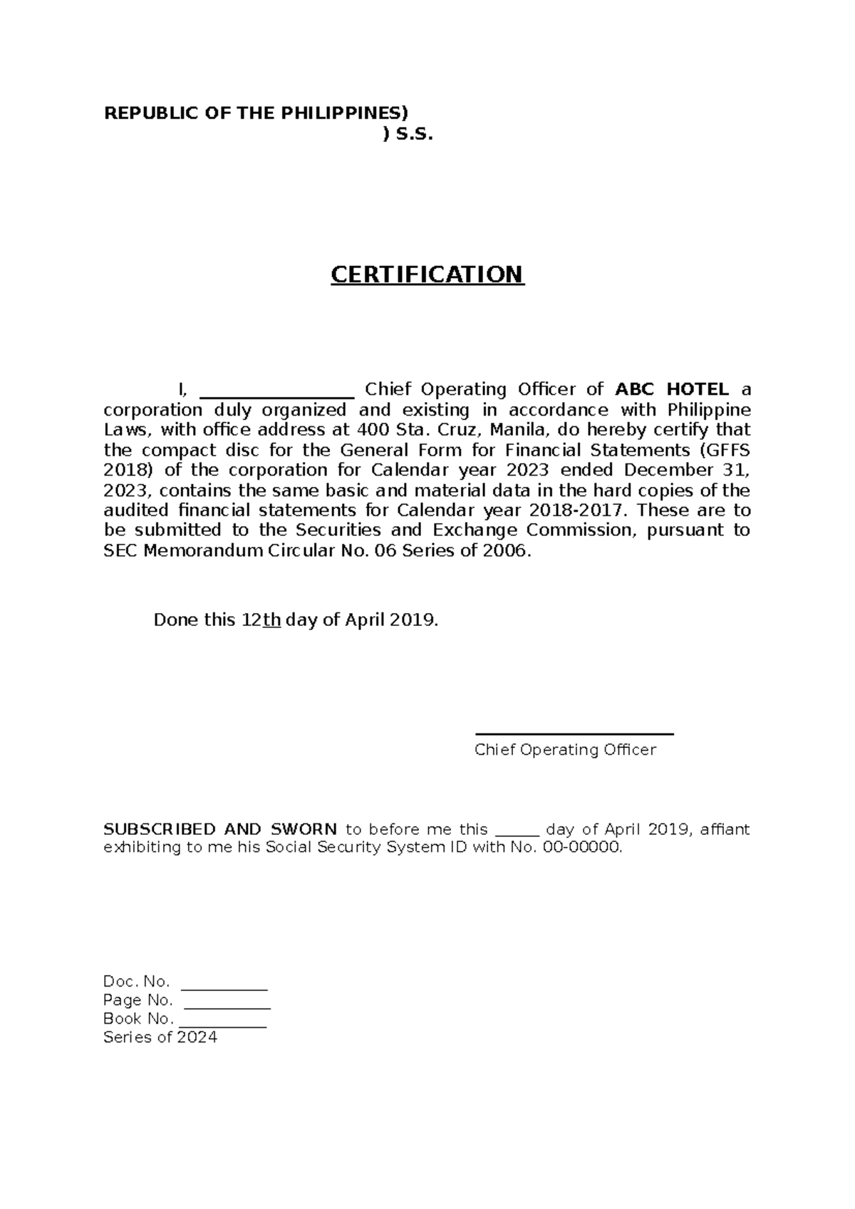 GFFS Certification Sample - REPUBLIC OF THE PHILIPPINES) ) S ...