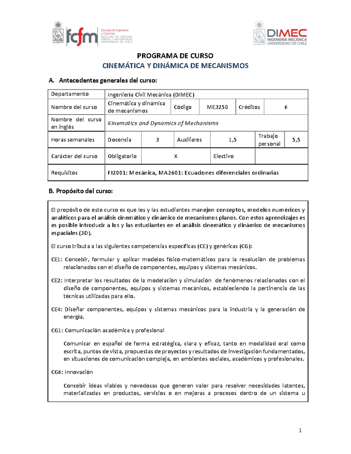 2021 2 ME3250 1 - Contenido - PROGRAMA DE CURSO CINEMÁTICA Y DINÁMICA ...