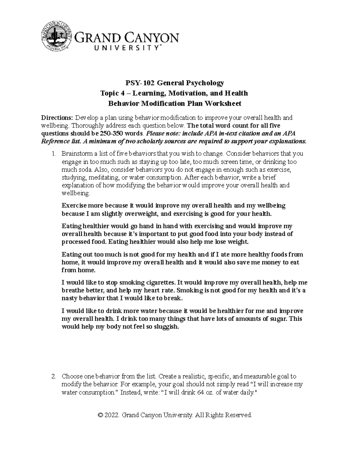 PSY 102 RS T4 Behavior Modification Plan - PSY-102 General Psychology ...