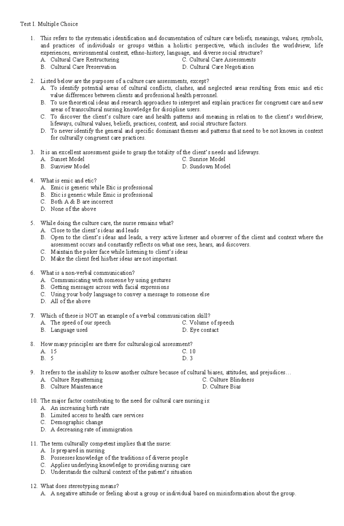 Questionnaire - Practice Questions - Test I. Multiple Choice 1. This ...