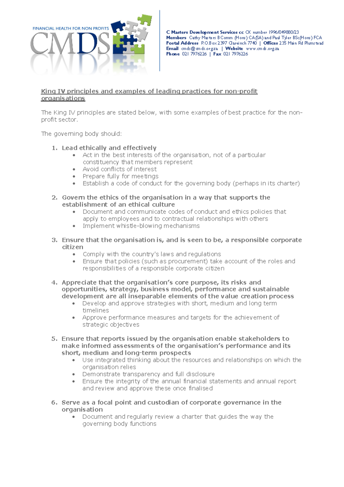 King-IV-principles - Practice - C Masters Development Services cc CK number 1996/049880/ Members ...