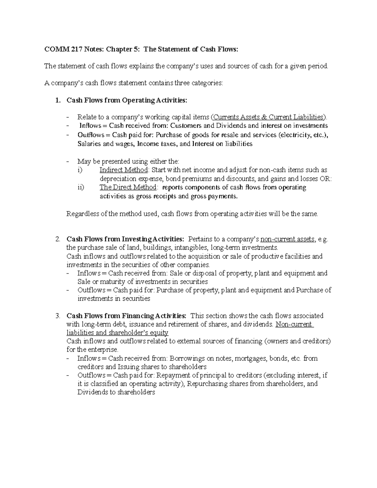 Chapter 5 Notes COMM 217 Notes Chapter 5 The Statement Of Cash
