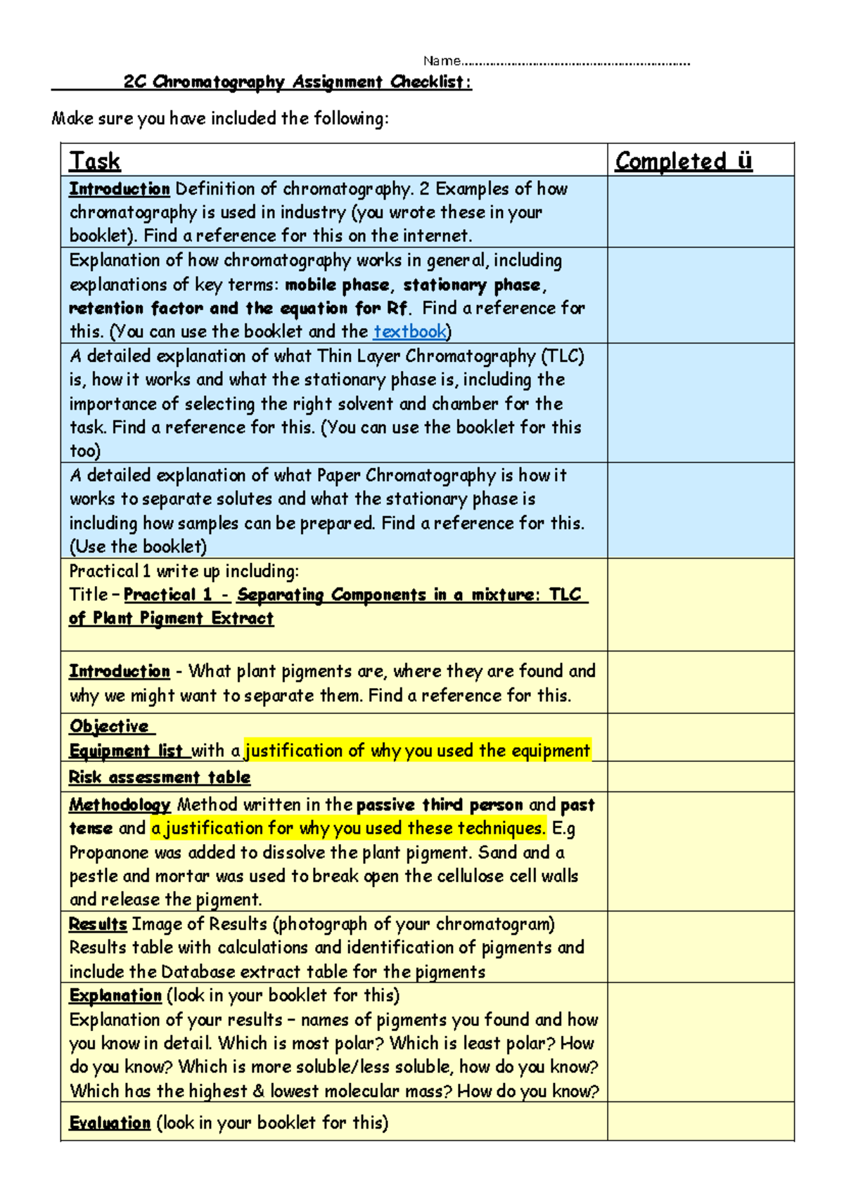 2C Chromatography Assignment Checklist 2024 - 2C Chromatography ...