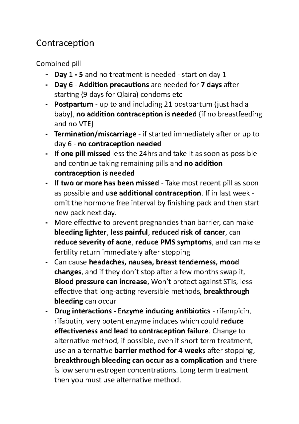 Contraception notes enjoy - Contraception Combined pill - Day 1 - 5 and ...