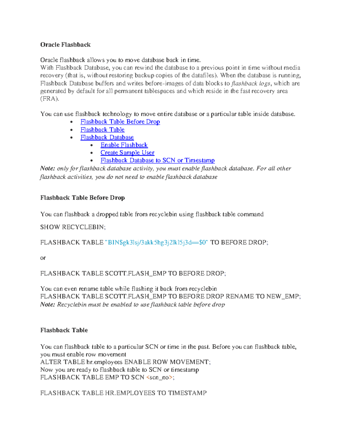 Flashback - note for bca 7th sem of Database Administration - Oracle ...