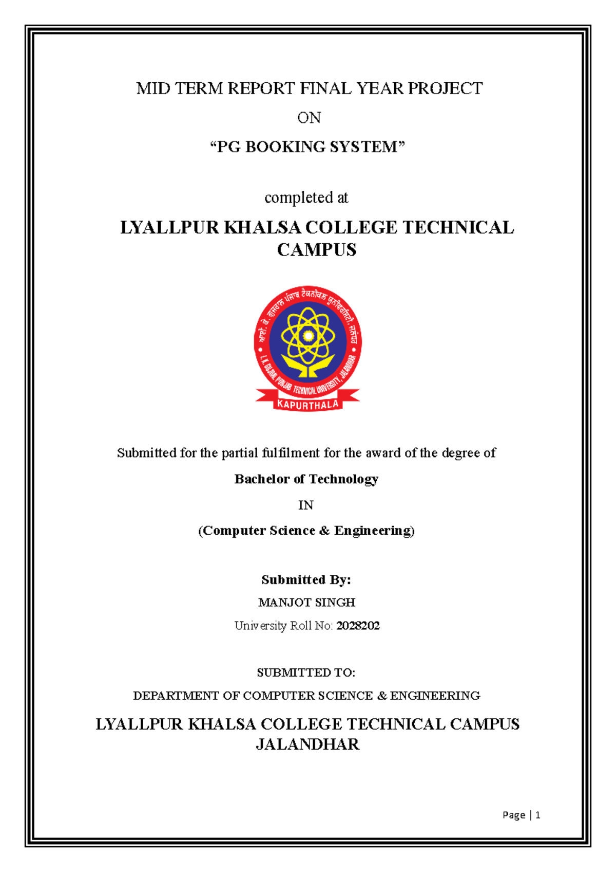 Manjot Singh project mid - MID TERM REPORT FINAL YEAR PROJECT ON “PG ...