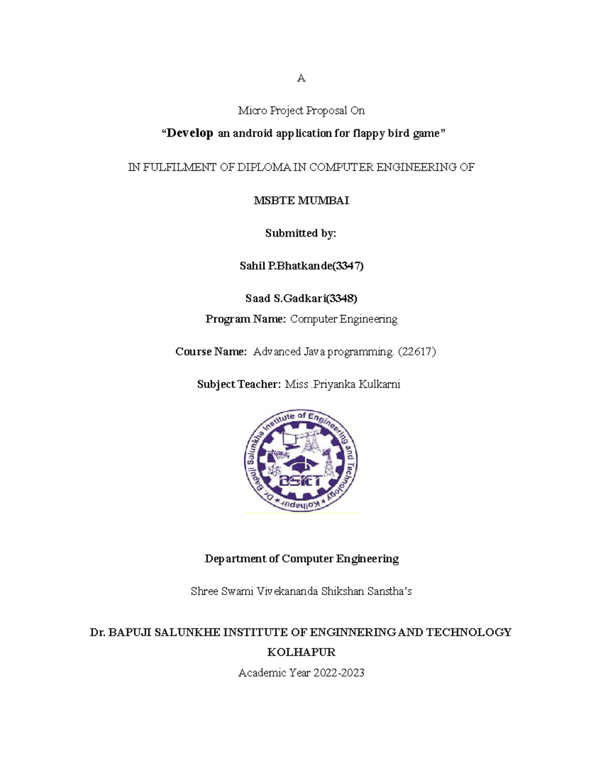 MAD proposal report - jhguyfytftyf - A Micro Project Proposal On “Develop an android application ...