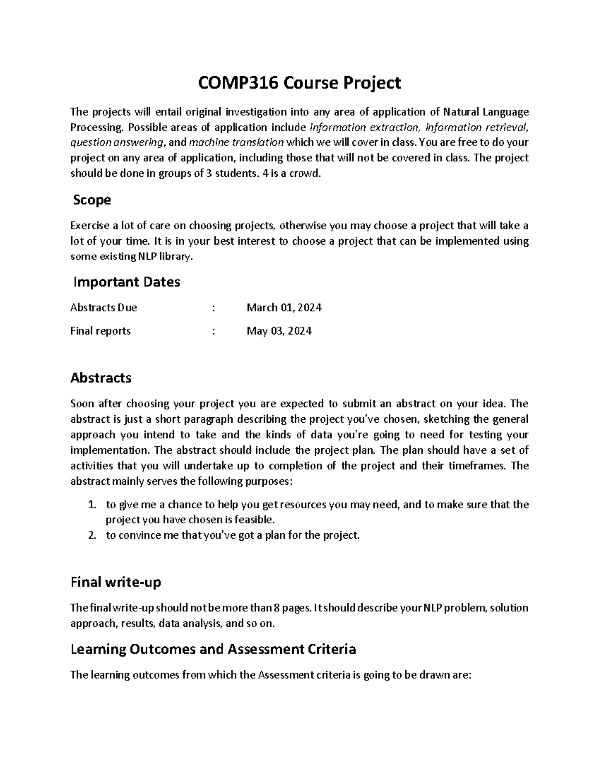 Course Project - COMP316 Course Project The projects will entail ...