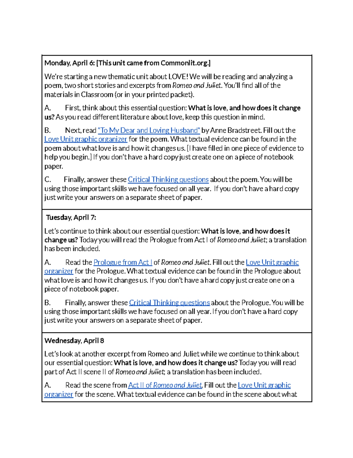 Theamatic Love plan - Monday, April 6: [This unit came from Commonlit ...