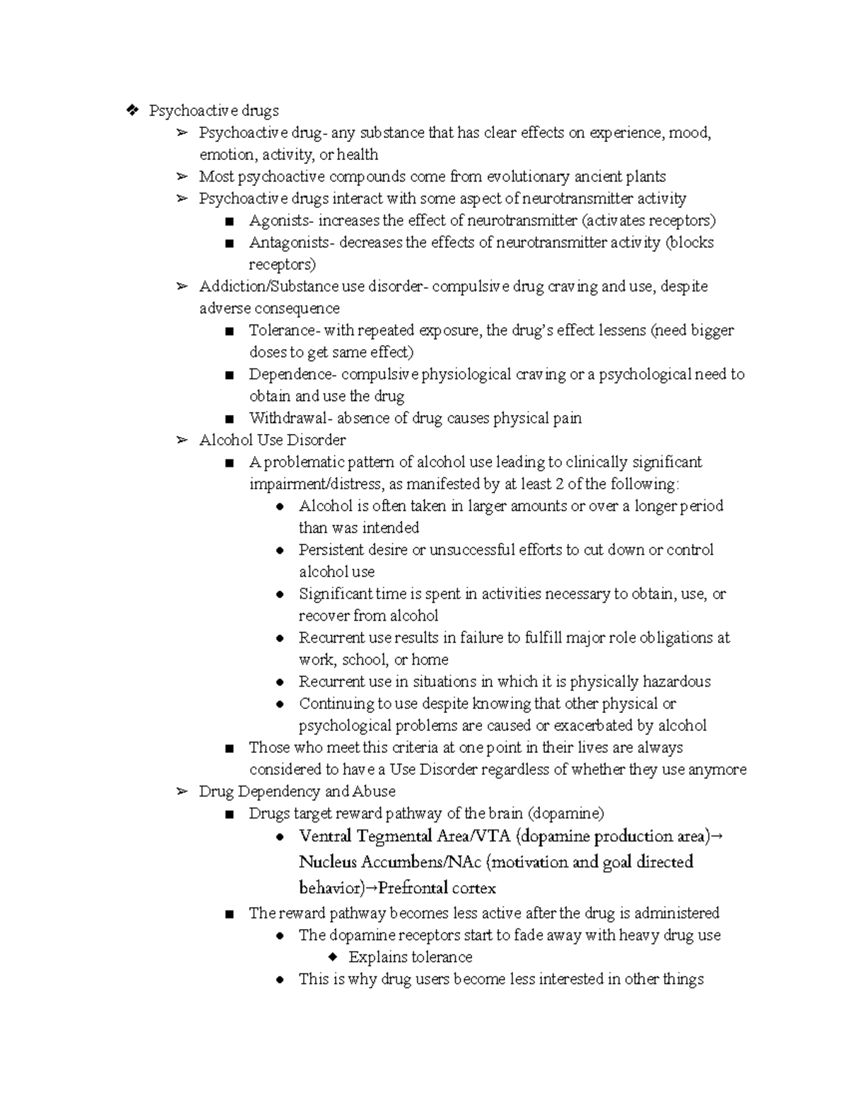 Lecture 7- Drugs & Behavior - Psychoactive drugs Psychoactive drug- any ...