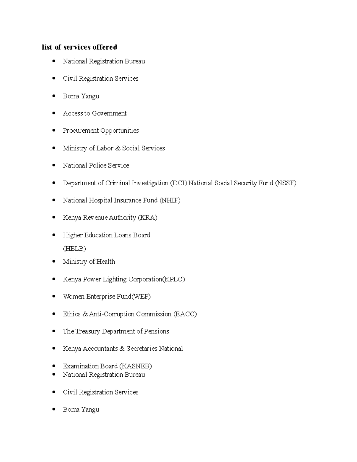 List of services offered - list of services offered National ...