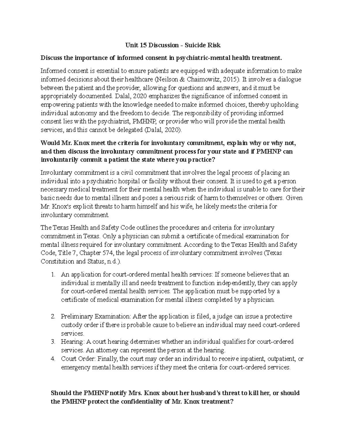 NU673 - Unit 15 Discussion - Suicide Risk - Unit 15 Discussion ...