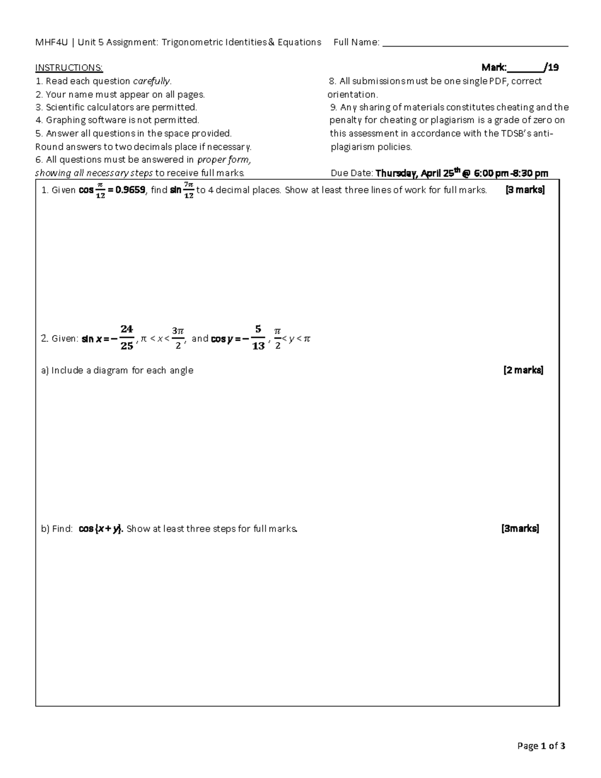 MHF4U-U5 Assignment-Trig Identities Equations test - INSTRUCTIONS: Mark ...