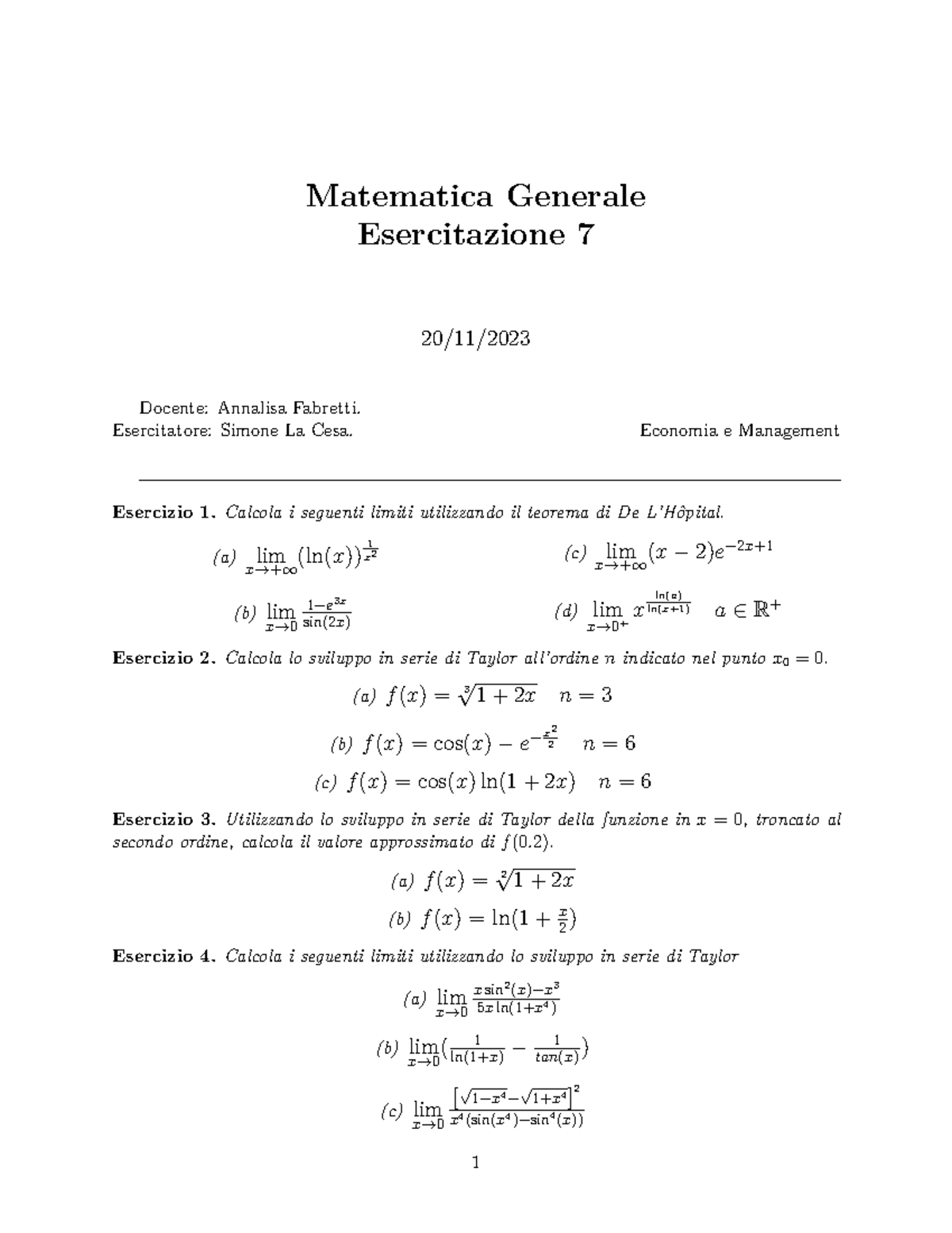 Esercitazione 7 1 2023 11 19 10 22 18 - Matematica Generale Esercitazione 7 20/11/ Docente ...