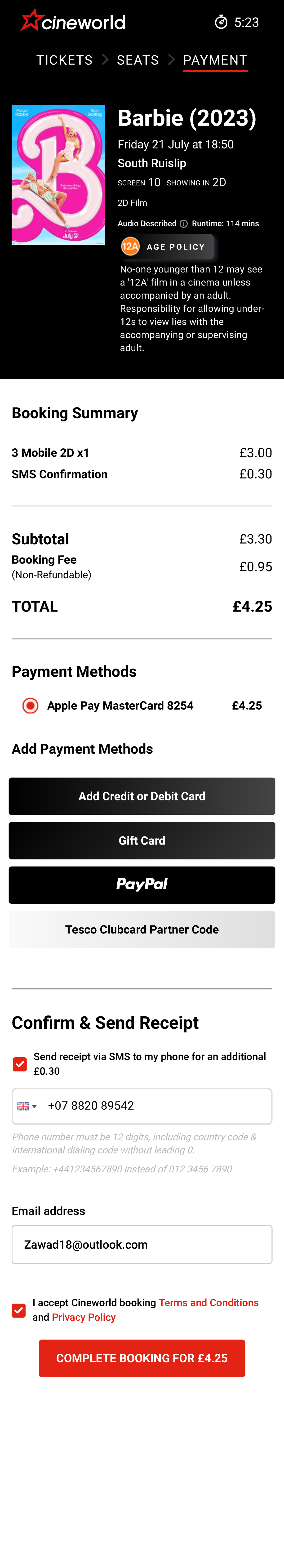 Cineworld - Checkout - Jjj - Booking Summary 3 Mobile 2D x1 £3. SMS ...