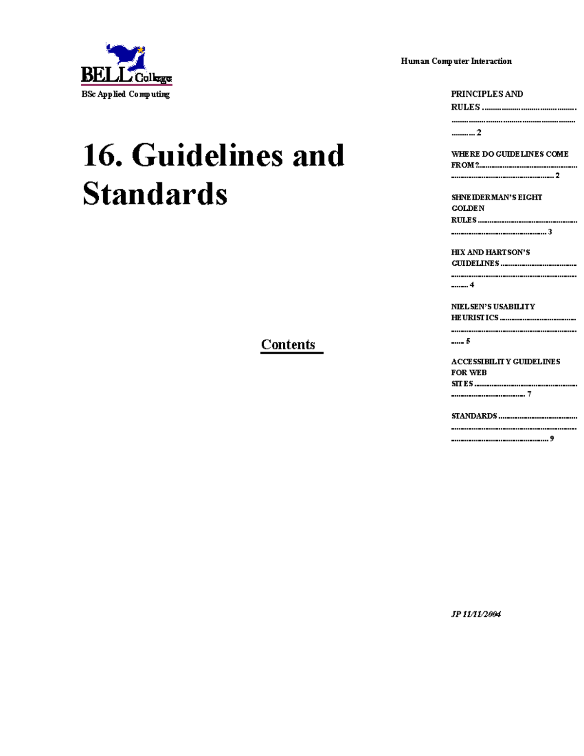 Hcinotes 16 Lecture Notes Bsc Applied Computing 16 Guidelines And Standards Contents Human