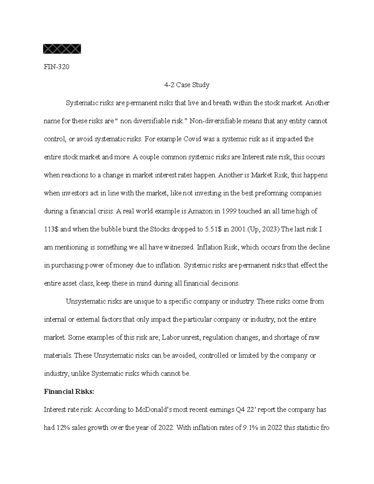Fin 320 4-2 Case Study - FIN- 4-2 Case Study Systematic risks are ...