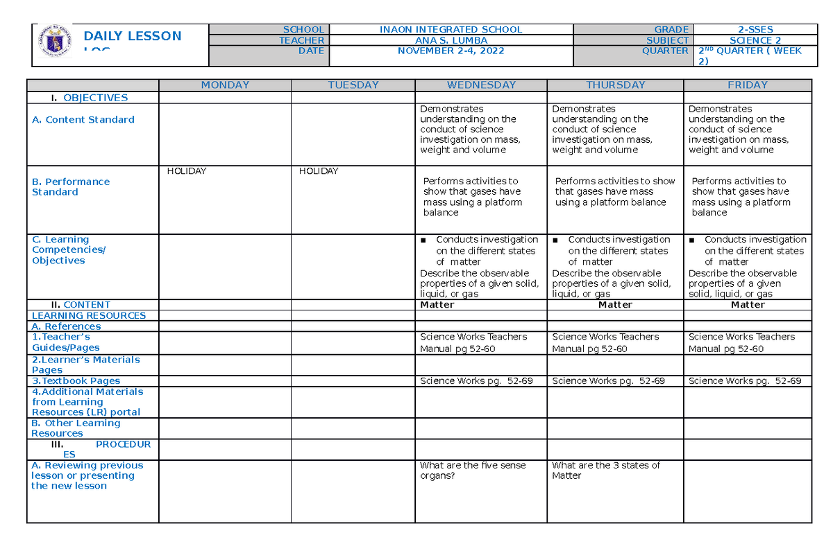 MATH - Sample DLL - SCHOOL INAON INTEGRATED SCHOOL GRADE 2-SSES TEACHER ...