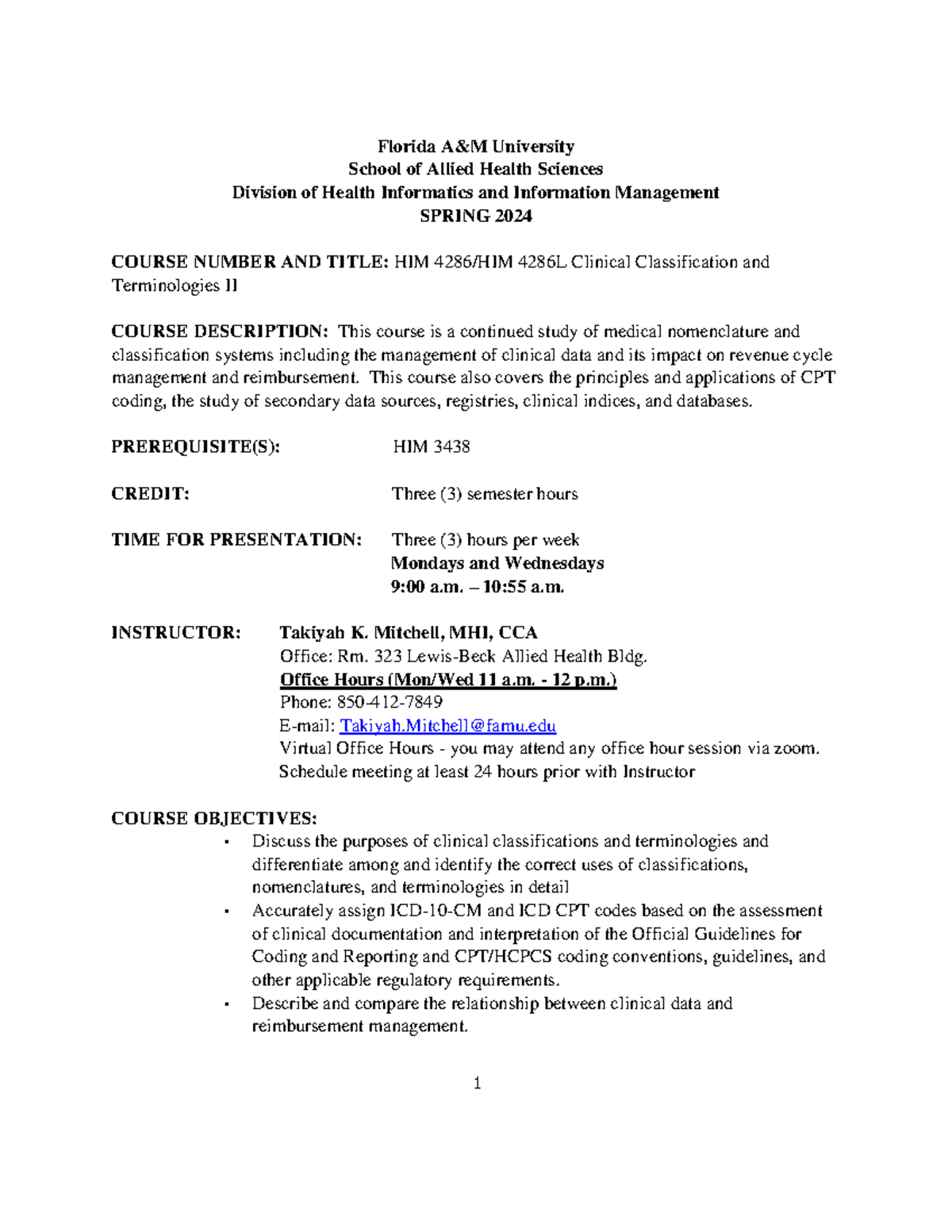 Coding 2 Syllabus Spring 2024 - Florida A&M University School of Allied ...