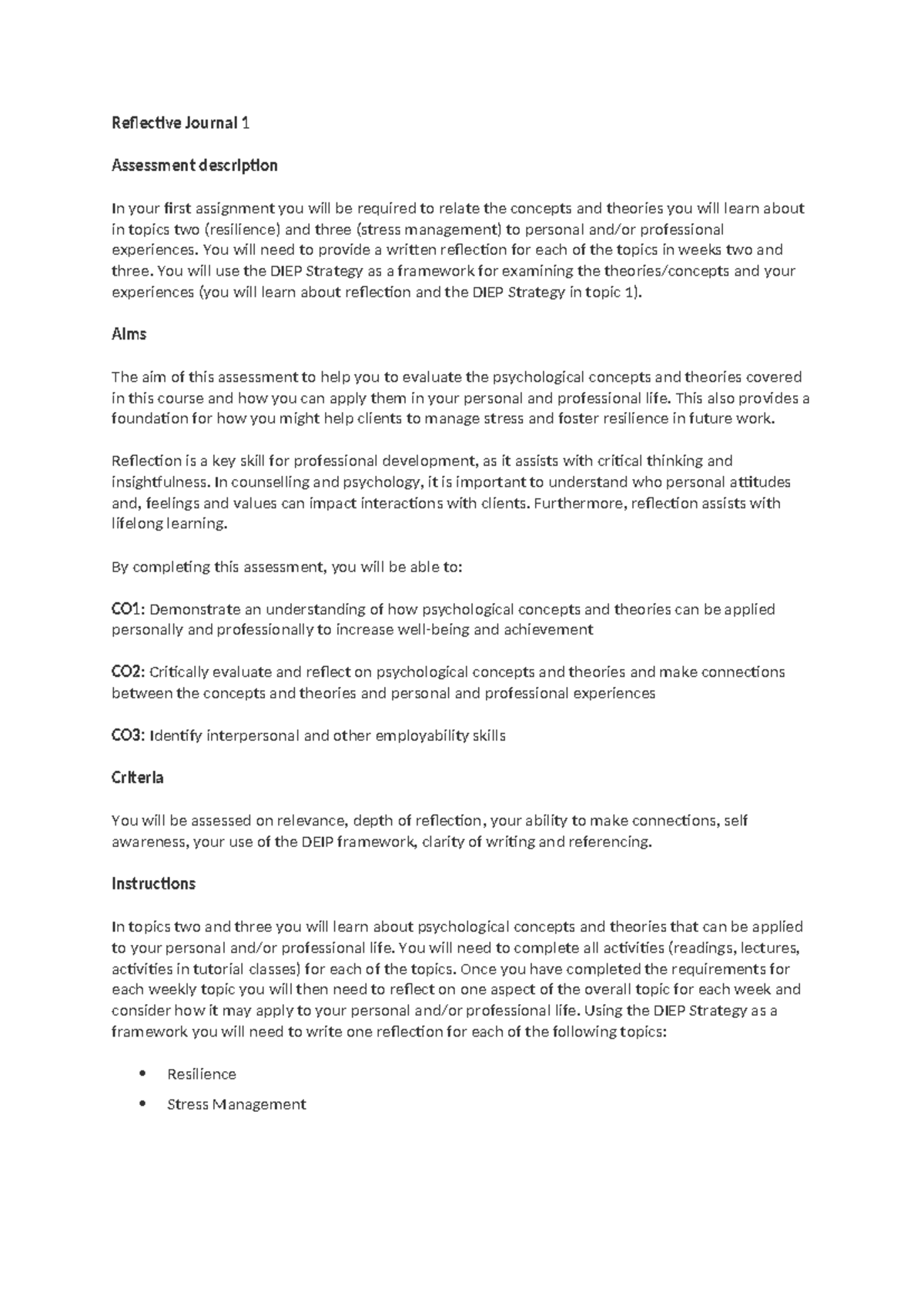 Reflective Journal 1 Instructions 2024 - Reflective Journal 1 ...