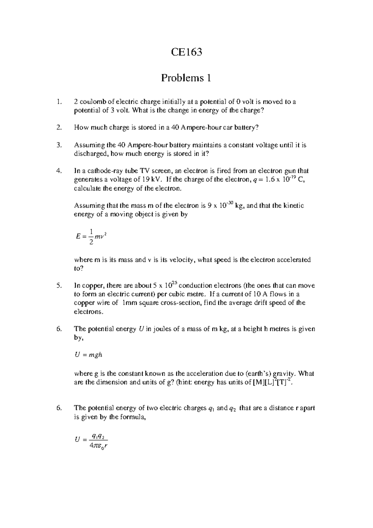 Sample problem questions #1 - CE163 Problems 1 1. 2 coulomb of electric ...