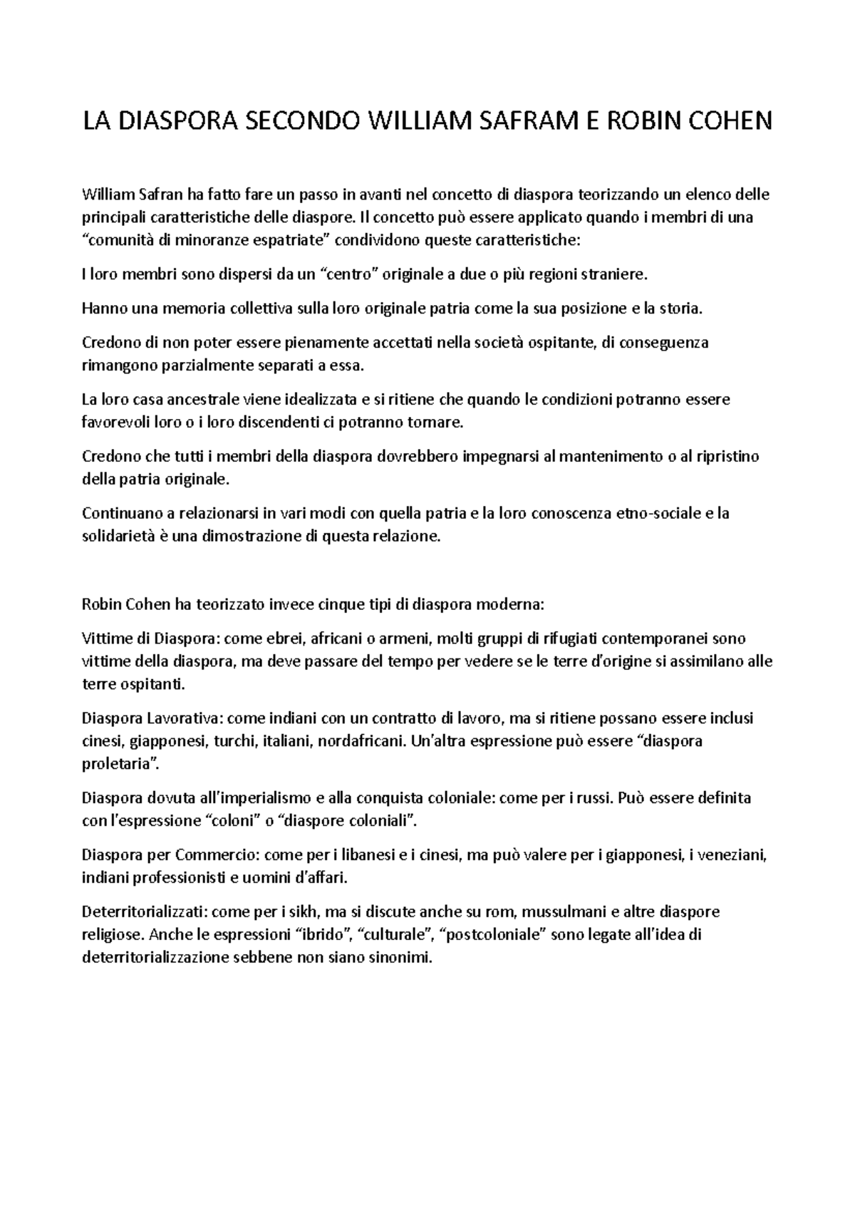 La diaspora secondo William Safran e Robin Cohen - Lezione 35 ...