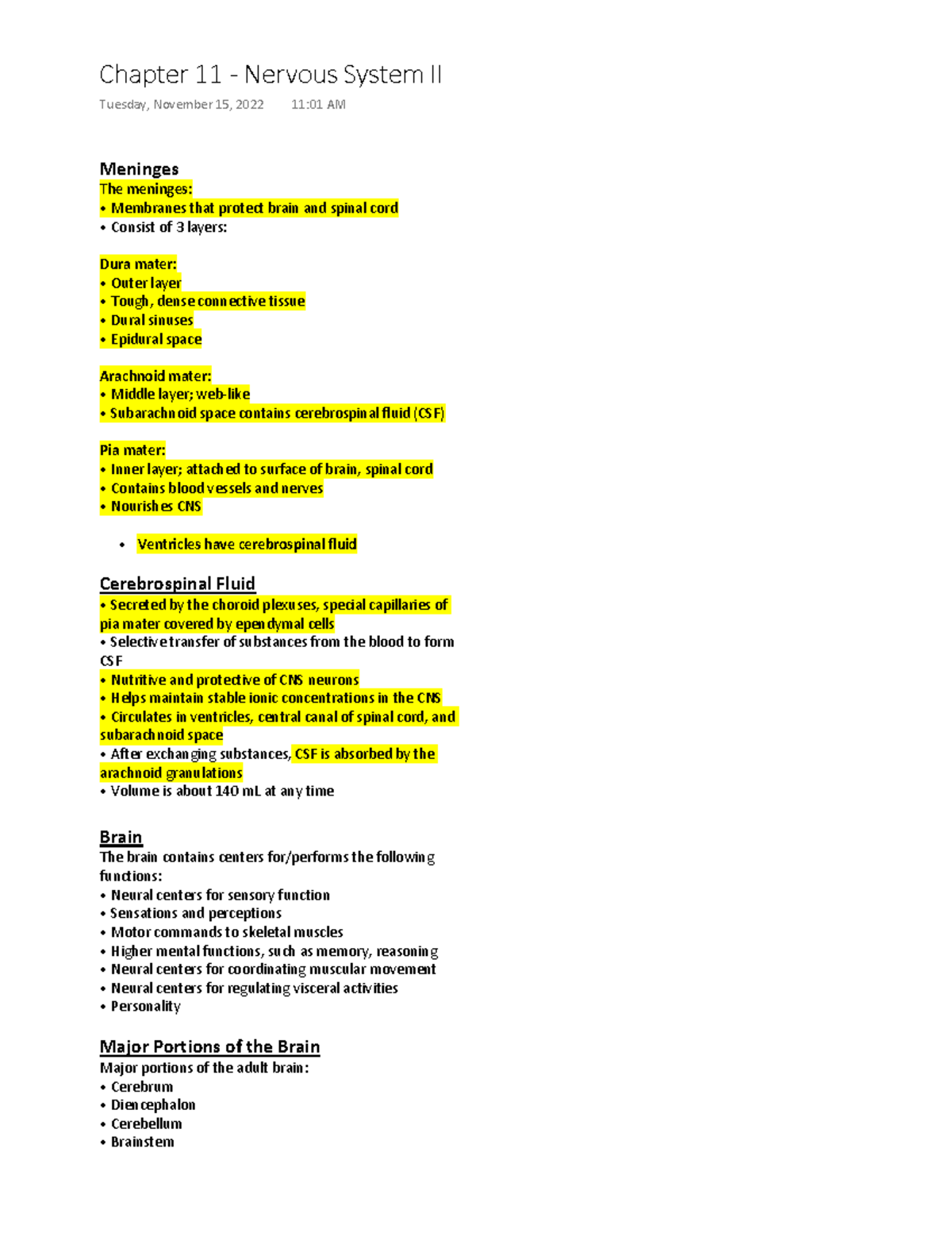 APHY 101 (Ivy Tech) - Chapter 11 - Meninges The meninges: - Studocu