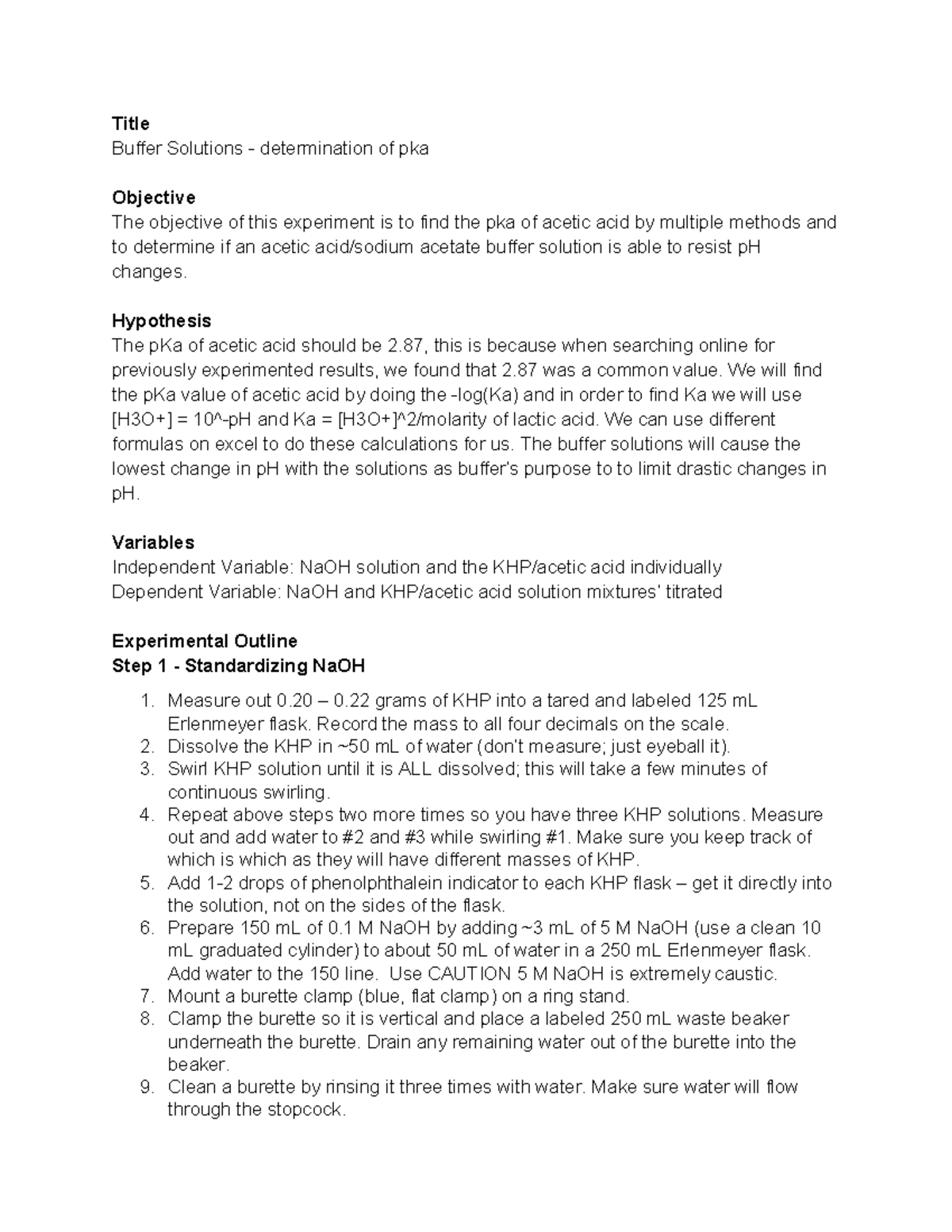 Experiment 18B Lab Report - Title Buffer Solutions - determination of pka Objective The ...