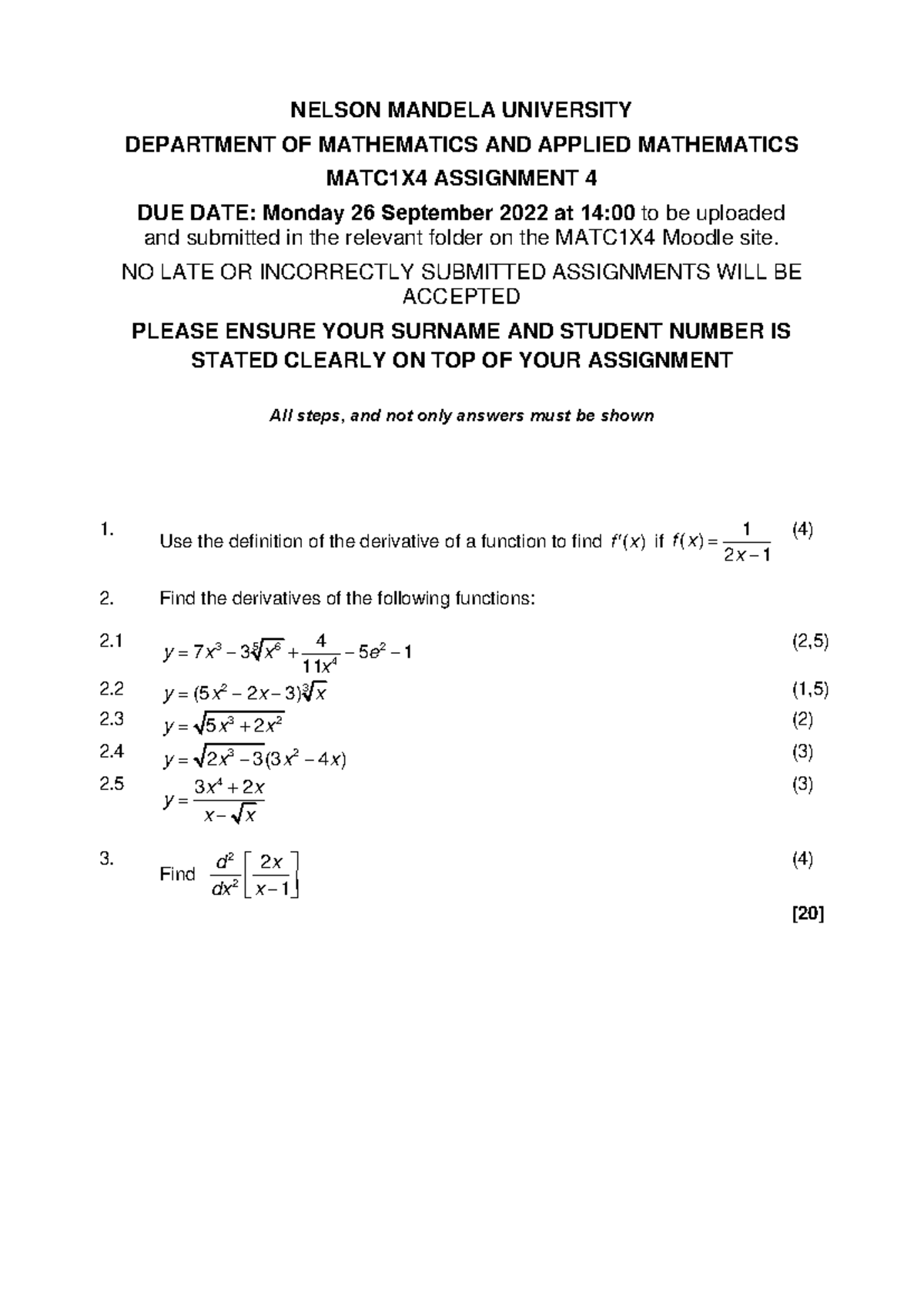 MATC1X4 Assignment 4 - NELSON MANDELA UNIVERSITY DEPARTMENT OF ...
