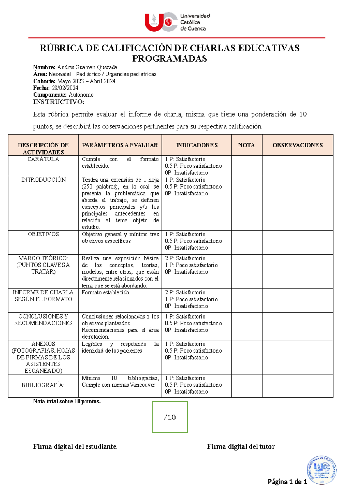 Charla 1 - RÚBRICA DE CALIFICACIÓN DE CHARLAS EDUCATIVAS PROGRAMADAS ...