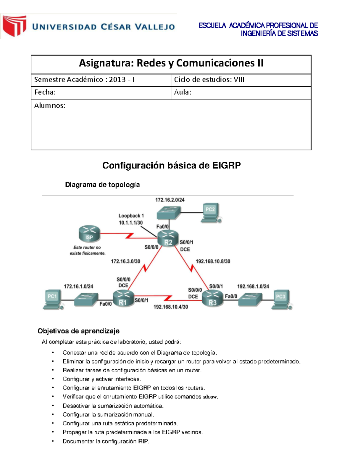 Lab 02-RCII Eigrp - INGENIERÍA DE SISTEMAS Configuración básica de EIGRP Diagrama de topología ...