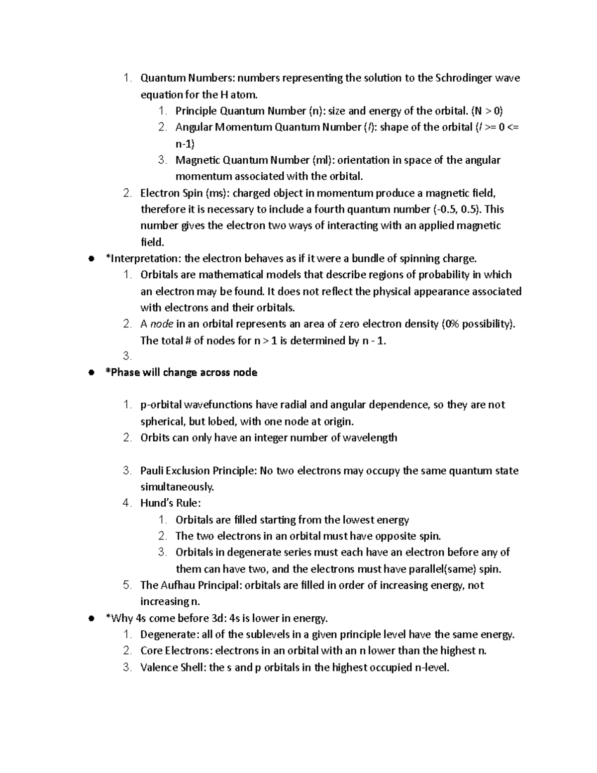 Lecture 2 - CHEMISTRY - Quantum Numbers: numbers representing the ...