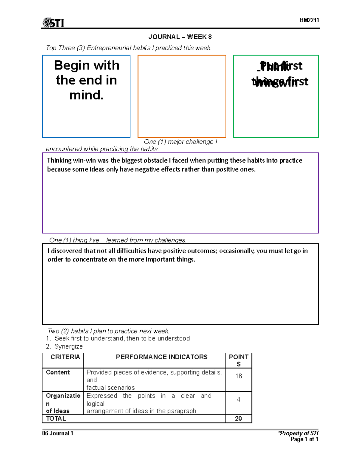Entrep journal 7 - entre - JOURNAL – WEEK 8 Top Three (3 ...
