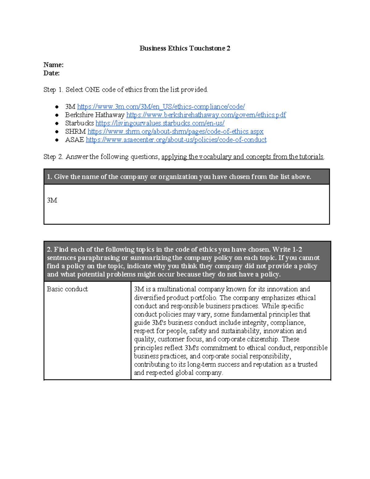 Business Ethics Touchstone 2 - Select ONE code of ethics from the list ...