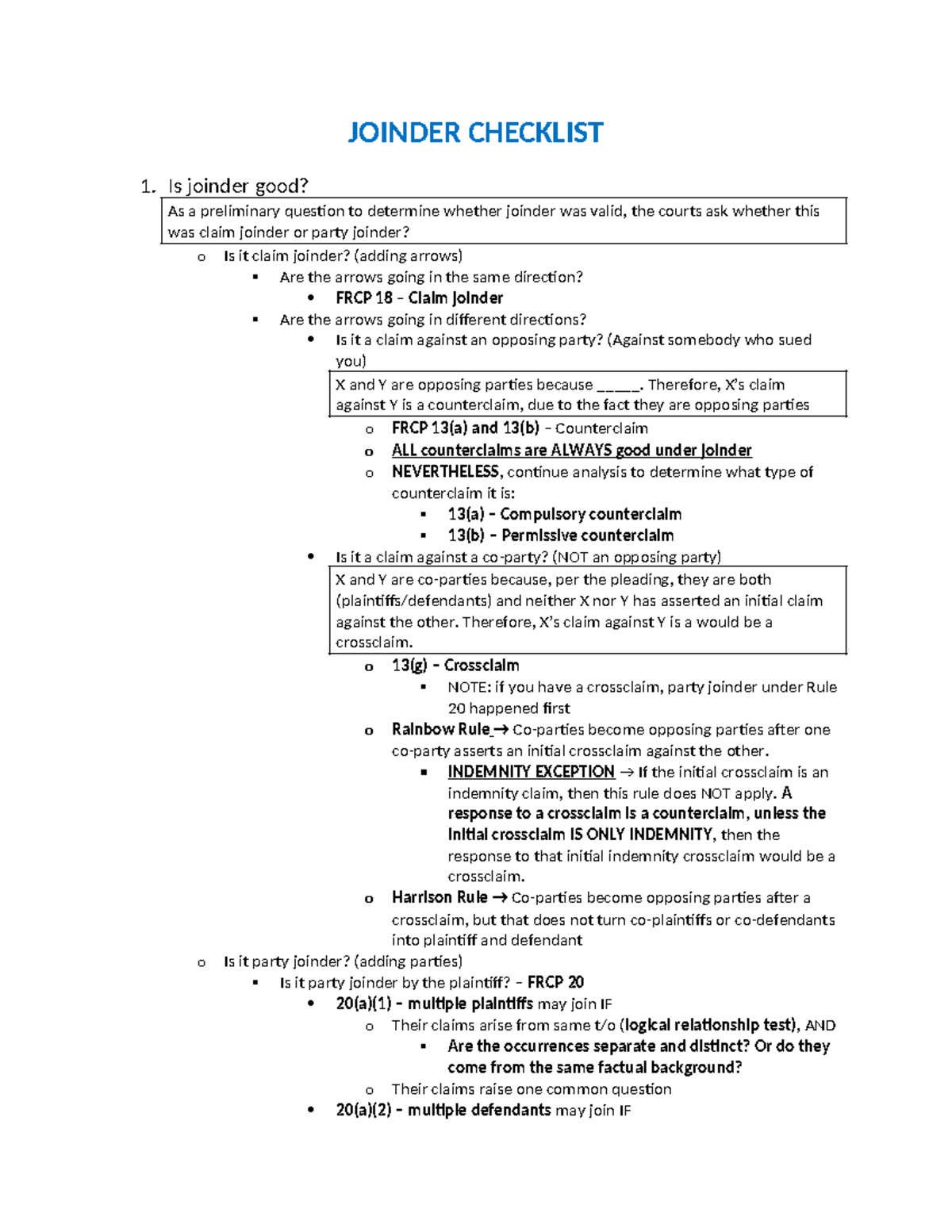 Joinder Checklist - JOINDER CHECKLIST 1. Is joinder good? As a ...