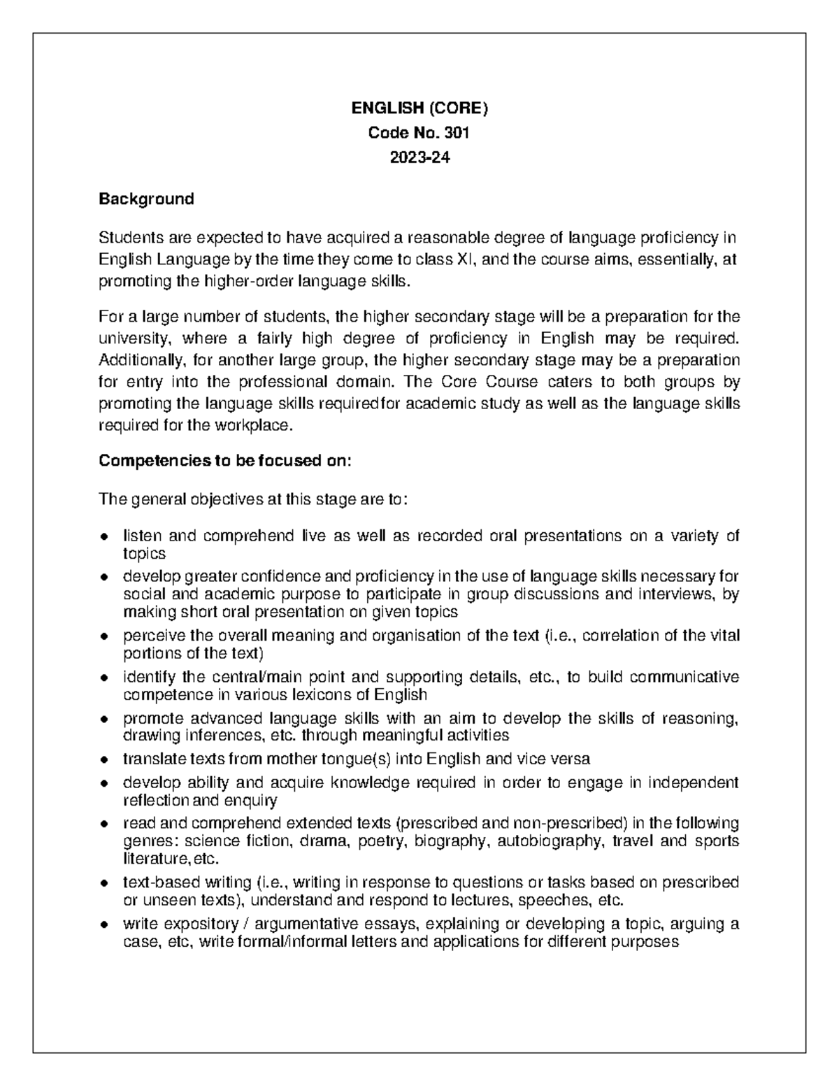 English core Sr Sec 2023-24 - ENGLISH (CORE) Code No. 301 2023 ...