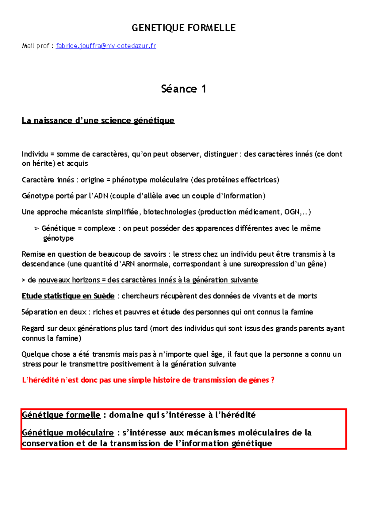 Cours-1-génétique-formelle word - GENETIQUE FORMELLE Mail prof ...
