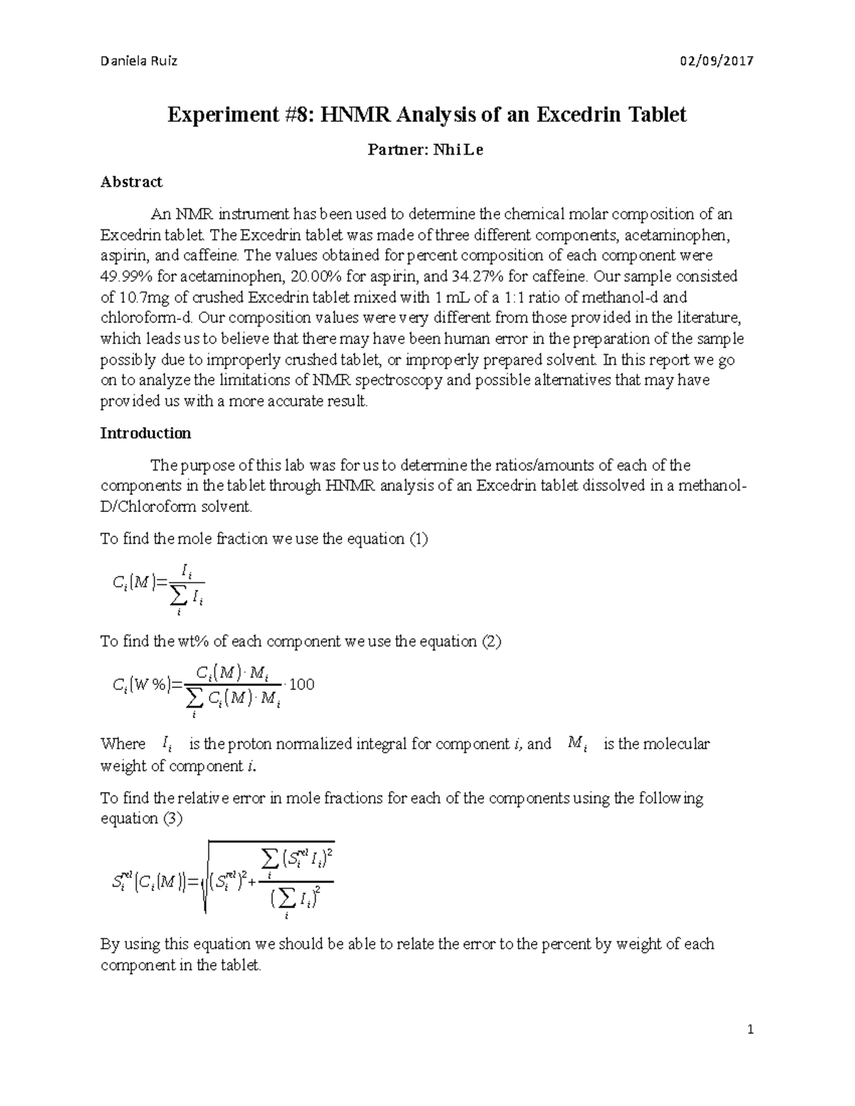 Experiment #8 HNMR - Experiment #8: HNMR Analysis of an Excedrin Tablet ...