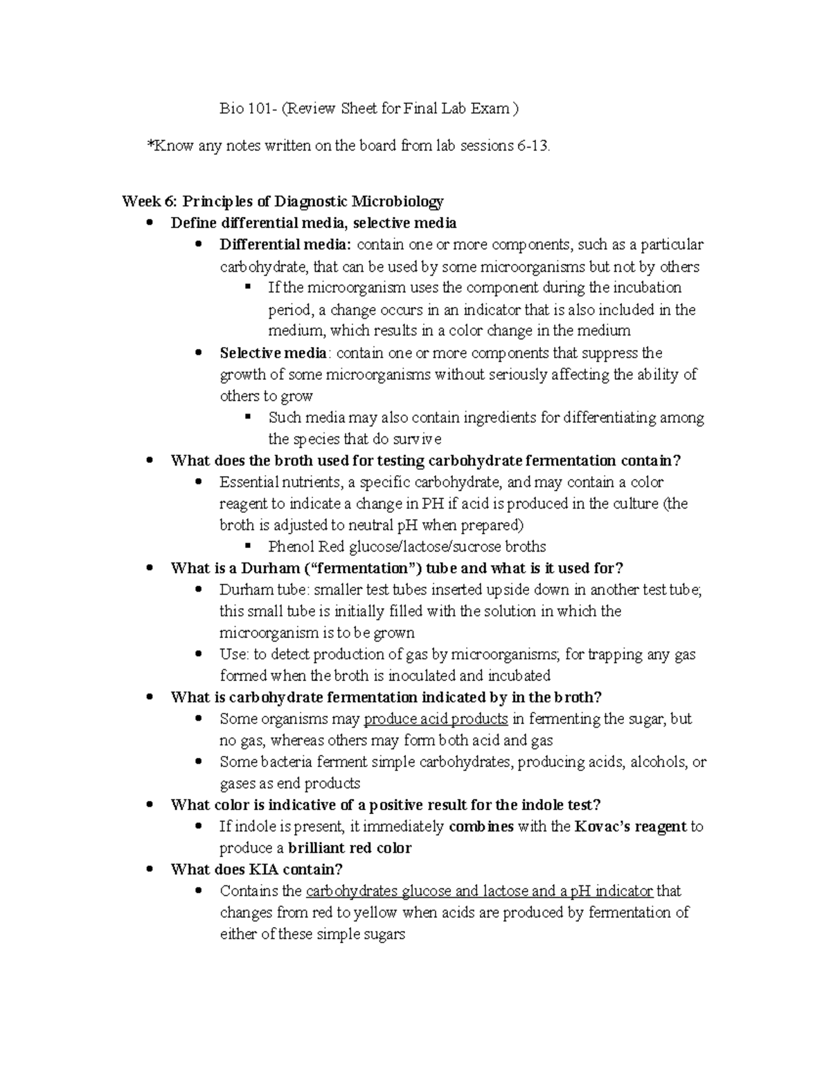 Lab Final Exam Study Guide - Bio 101- (Review Sheet for Final Lab Exam ...