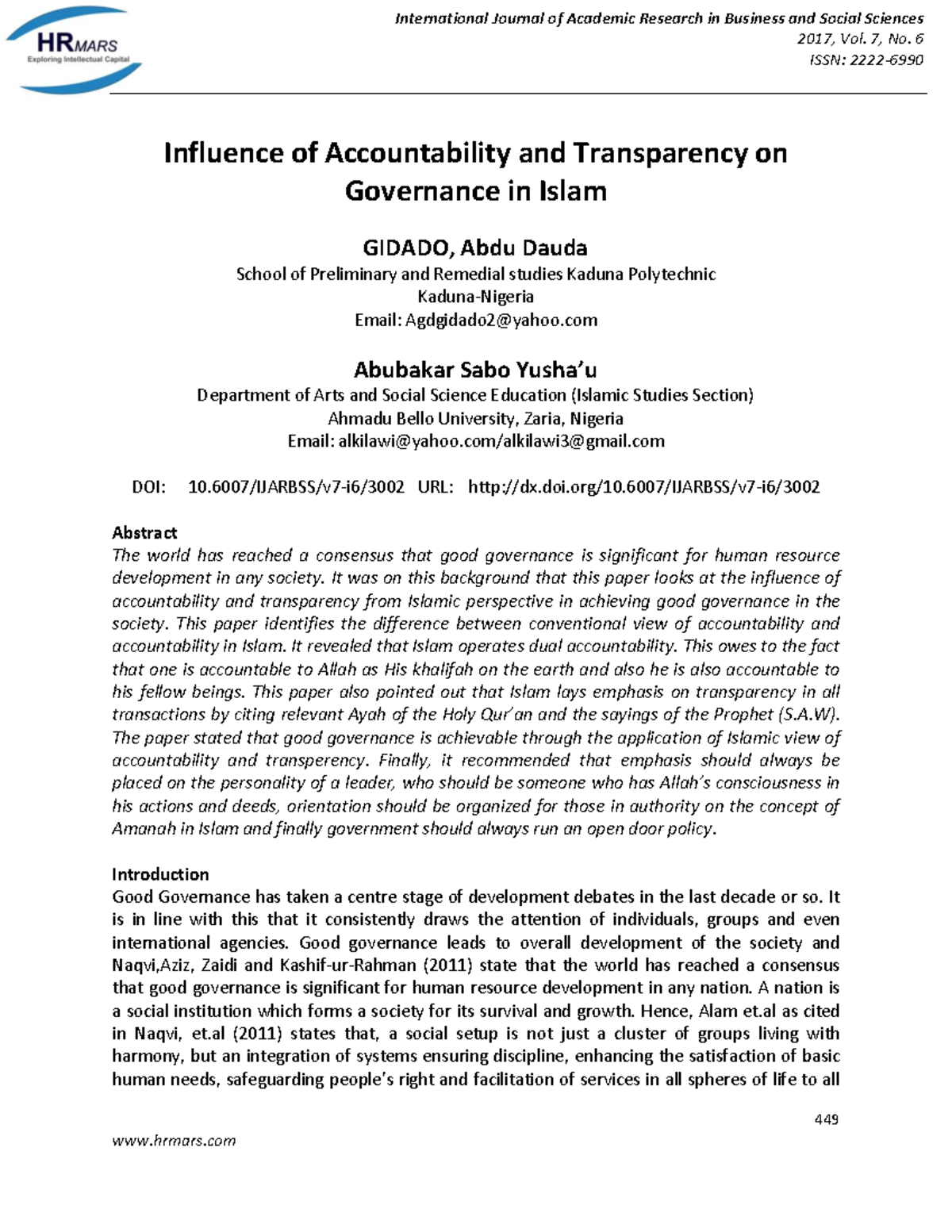 Influence of Accountability and Transparency on Governance in Islam ...